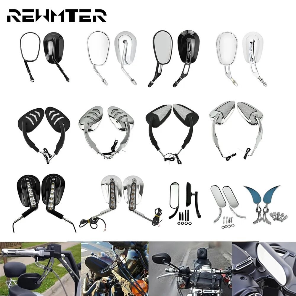 RW Motorcycle Rear View Side Mirror 8mm Black/Chrome LED Light Mirrors ...
