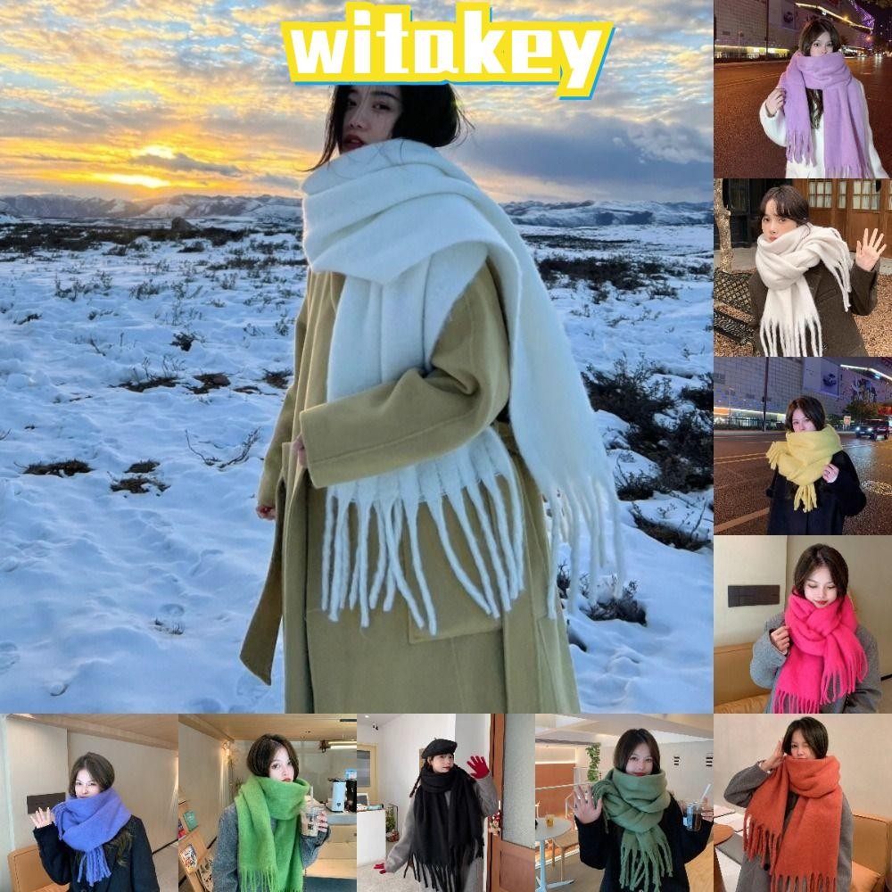 Witakey ผ้าพันคอแคชเมียร์ฤดูหนาว, สีทึบผ้าพันคอพู่ยาวอบอุ่น, แฟชั่นหนา Mohair นุ่มผ้าคลุมไหล่ห่อ ...
