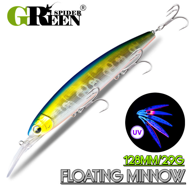 Greenspider ใหม่ UV ตกปลาลอย Lure Minnow 128 มม.29g Wobbler Luminous น้ําเค็ม Crankbait ของ ...