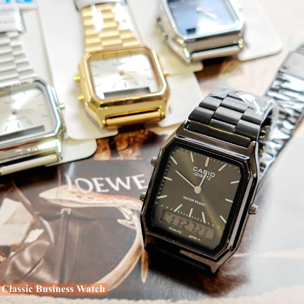 Vintage AQ-230 Gold/Black/Silver Stainless Strap 30 เมตร Dual Time ...