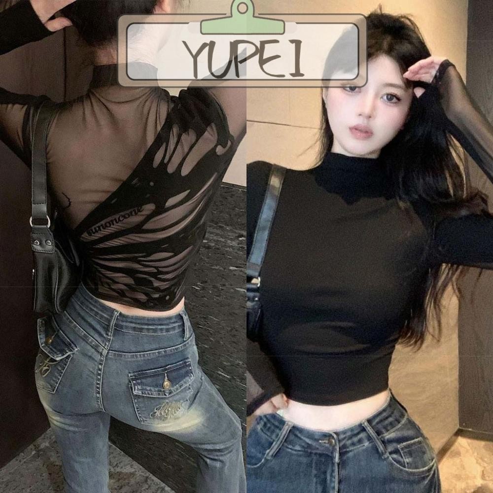 Yupei Patchwork สั้นแขนยาว,ตาข่ายระบายอากาศครึ่งคอเต่า Bottoming เสื้อ,แฟชั่นเปลือย Slim ผีเสื้อ ...