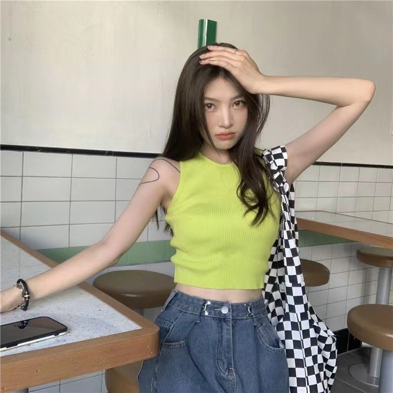 【WANG JIAO ZHAN】เสื้อสายเดี่ยวแขนกุด ผ้าถัก ลาย Dopamine สไตล์ฝรั่งเศส ...