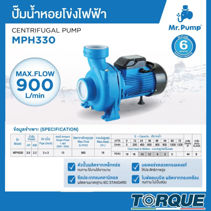 Mr.PUMP By TORQUE รุ่น MPH330 ปั้มน้ำหอยโข่ง ทองแดง 100% ขนาดเข้า-ออก 3นิ้ว กำลัง 3แรงม้า (รับ ...