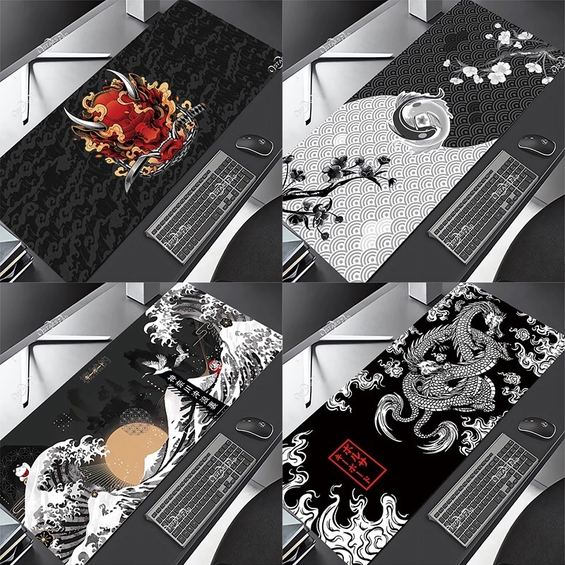 Oni Large Gaming Mouse Pad Japanese Black Dragon Table Mat Waves Samurai 40x90cm Big Mousepad ...