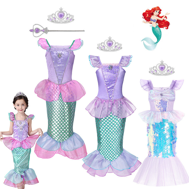Disney Kids Ariel Princess Dress Girl คอสเพลย์เครื่องแต่งกายฮาโลวีน ...