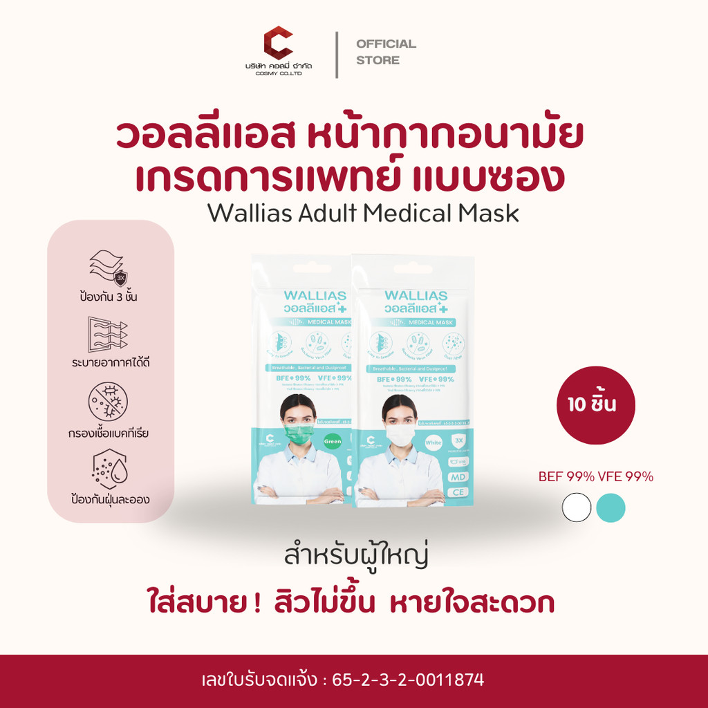 [แบบซอง 10 ชิ้น] Wallias หน้ากากอนามัย หนา 3 ชั้น ใส่สบาย ป้องกันฝุ่น PM2.5 สายนุ่ม ไม่เจ็บหู ...