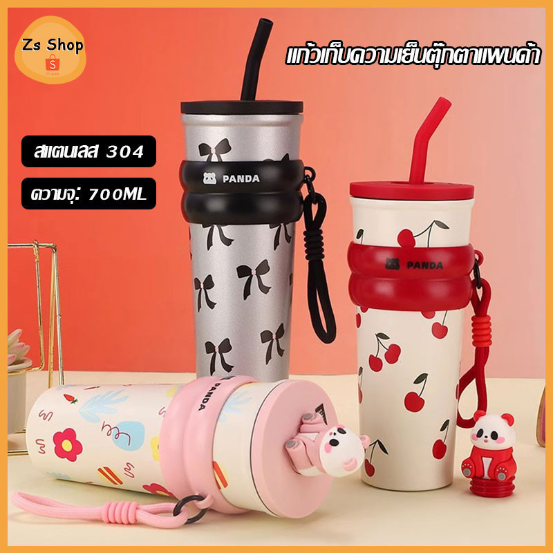การ์ตูน Panda แก้วน้ำสแตนเลส 304 ถ้วยน้ำสำนักงาน มีหลอดดูด พับเก็บได้ เก็บร้อนและเย็น 700ml ถ้วย ...