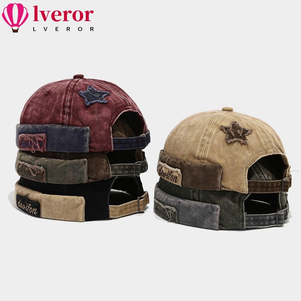Lveror Brimless หมวก, Retro ปรับ Docker หมวก,อเนกประสงค์ล้างสี Star Splicing ไม่มี Visor Hip Hop ...