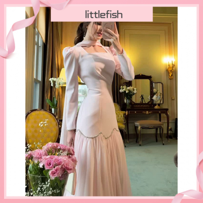[Littlefish] ชุดเดรสแขนยาวผู้หญิงทรงสลิมทำด้วยมือ | Shopee Thailand