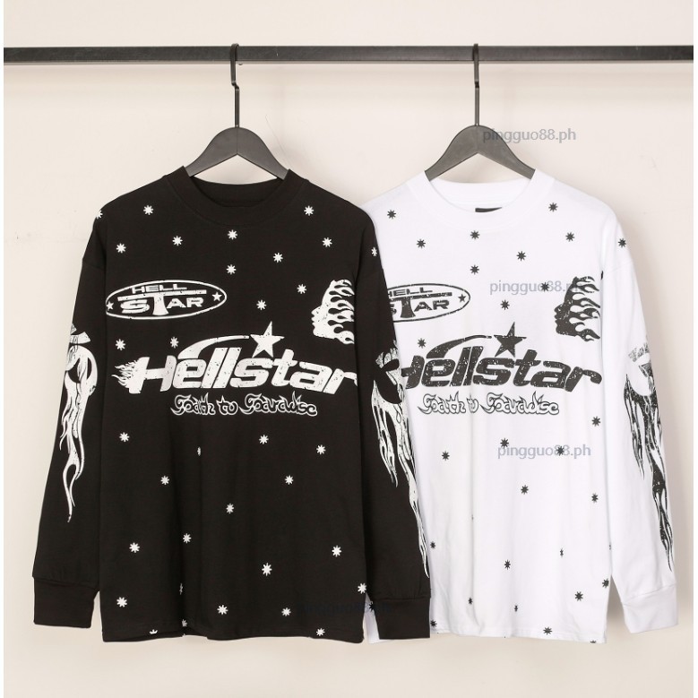 Hellstar เสื้อคลาสสิกพิมพ์เส้นด้ายคู่ผ้าฝ้ายแท้ Casual High Street เสื้อยืดแขนยาวด้านล่าง ...