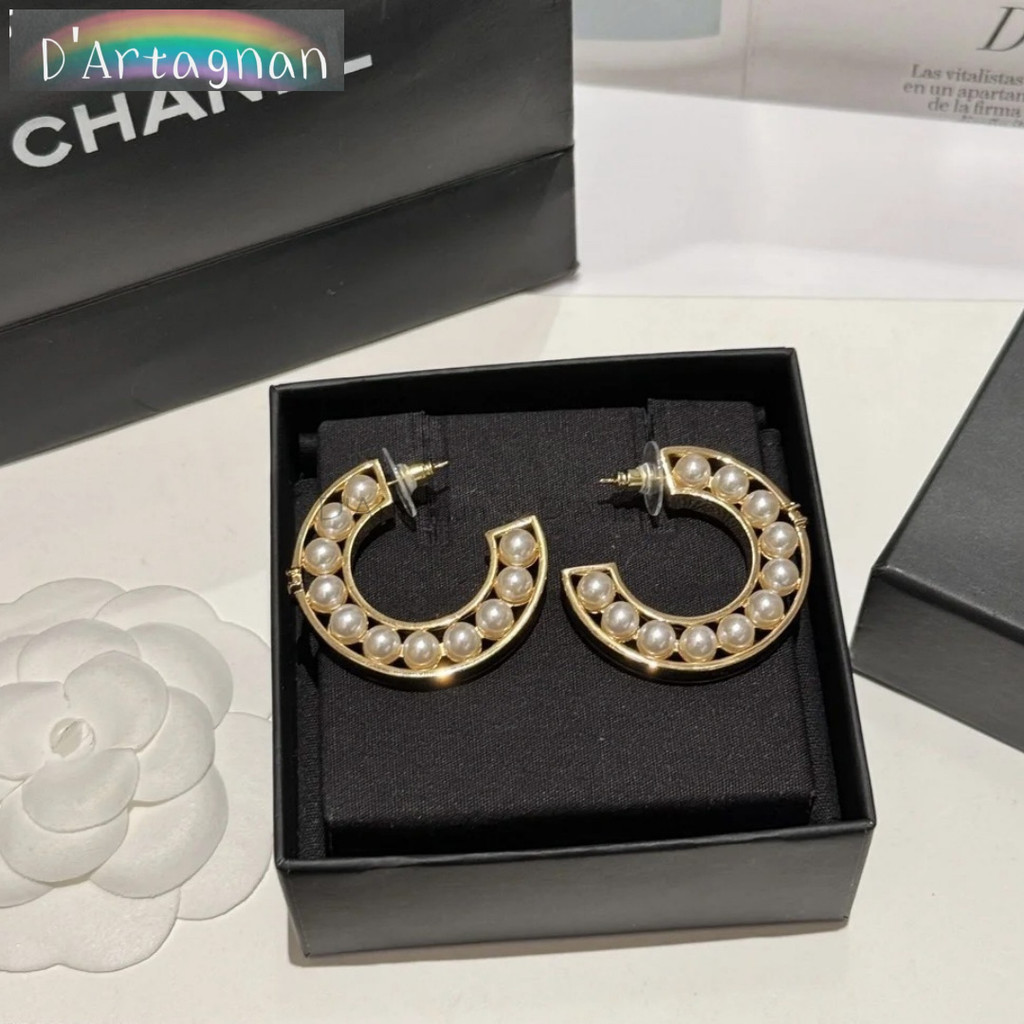 {Boutique} Cc แหวนต่างหู Pearl Arrange ฝังสีดําเคลือบทองเหลือง Gold ...