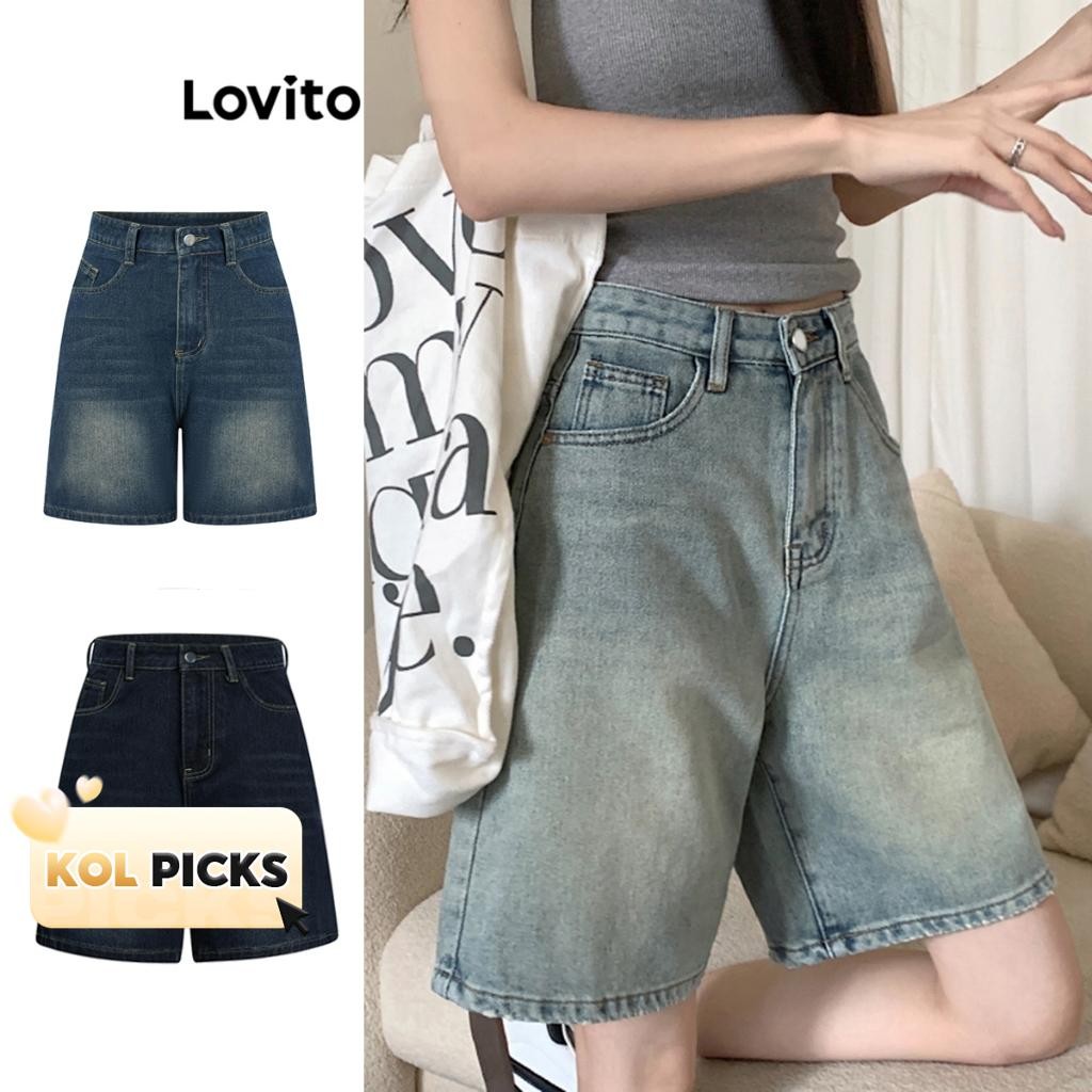 (KOL‘s pick) Lovito กางเกงยีนส์ขาสั้น ลำลอง สีพื้น แต่งกระเป่า สำหรับ ...