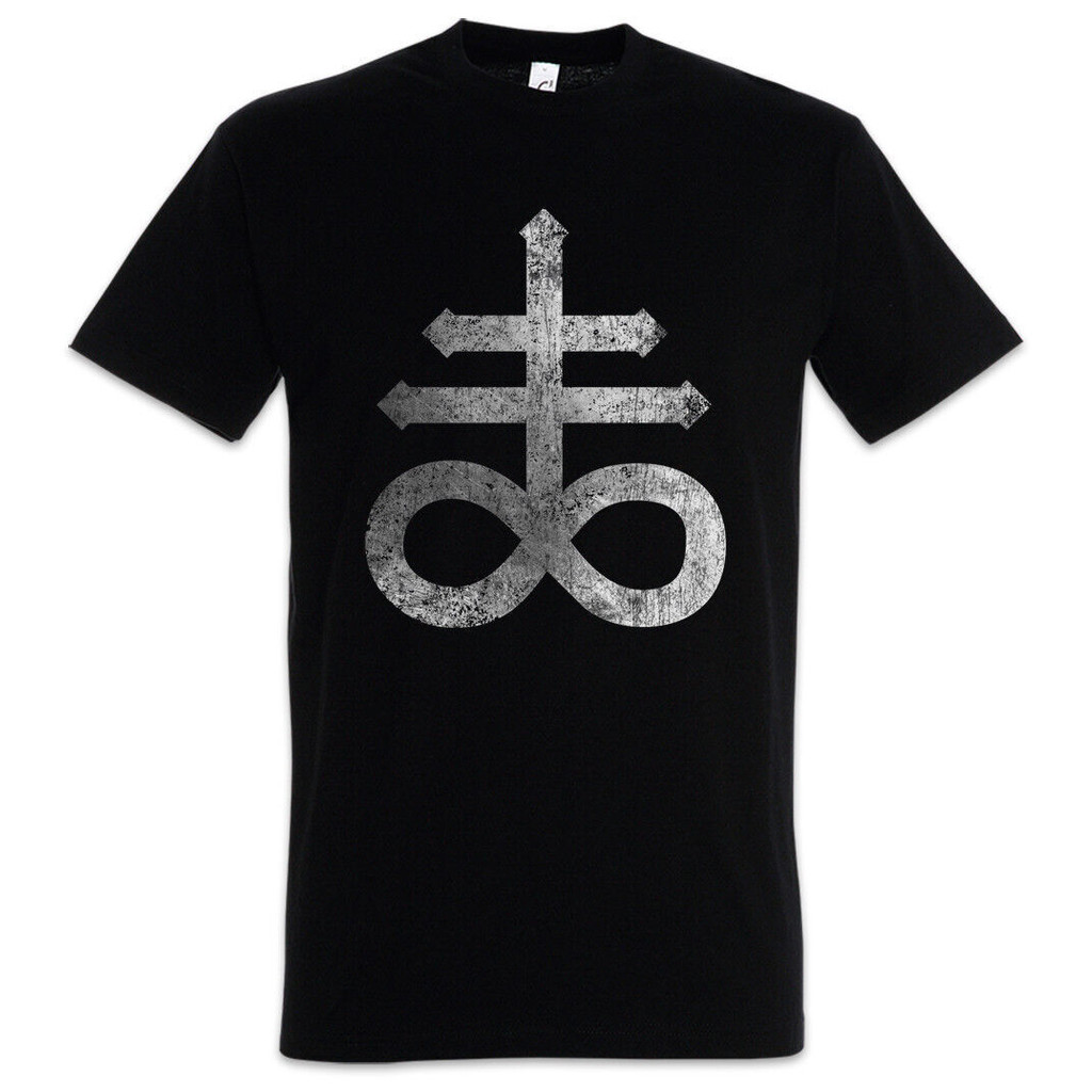 เสื้อยืดสไตล์แคชวลสตรีทแวร์ สกรีนสัญลักษณ์ Cross of Satan 666 และป้าย ...