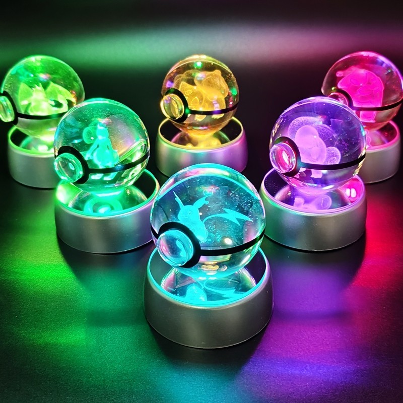 ไฟ LED 3D Pokemon คริสตัลบอลโคมไฟกลางคืนของเล่น Mewtwo Pikachu ตุ๊กตา ...
