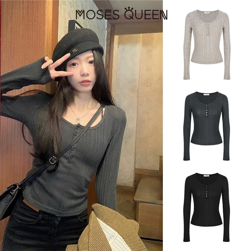 Moses Queen Semi-open Neck Pit Strip แขนยาวผู้หญิงพื้นผิวความรู้สึกใหม่ ...