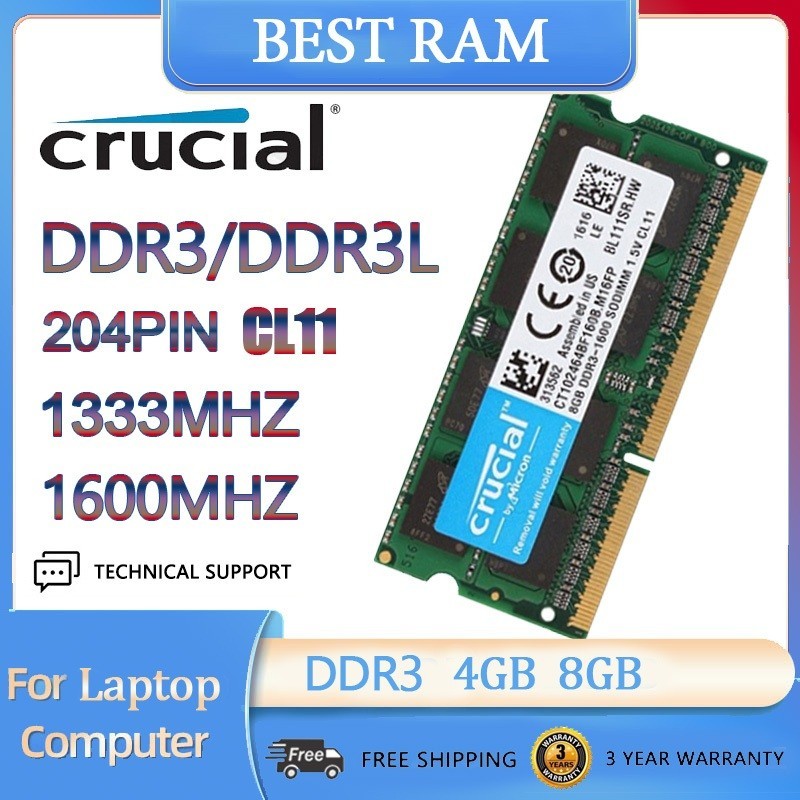 Crucial 4GB 8GB DDR3 1600Mhz DDR3L 1333MHZ 2RX8 PC3 PC3L 12800S SODIMM 204Pin Laptop Memory RAM ...