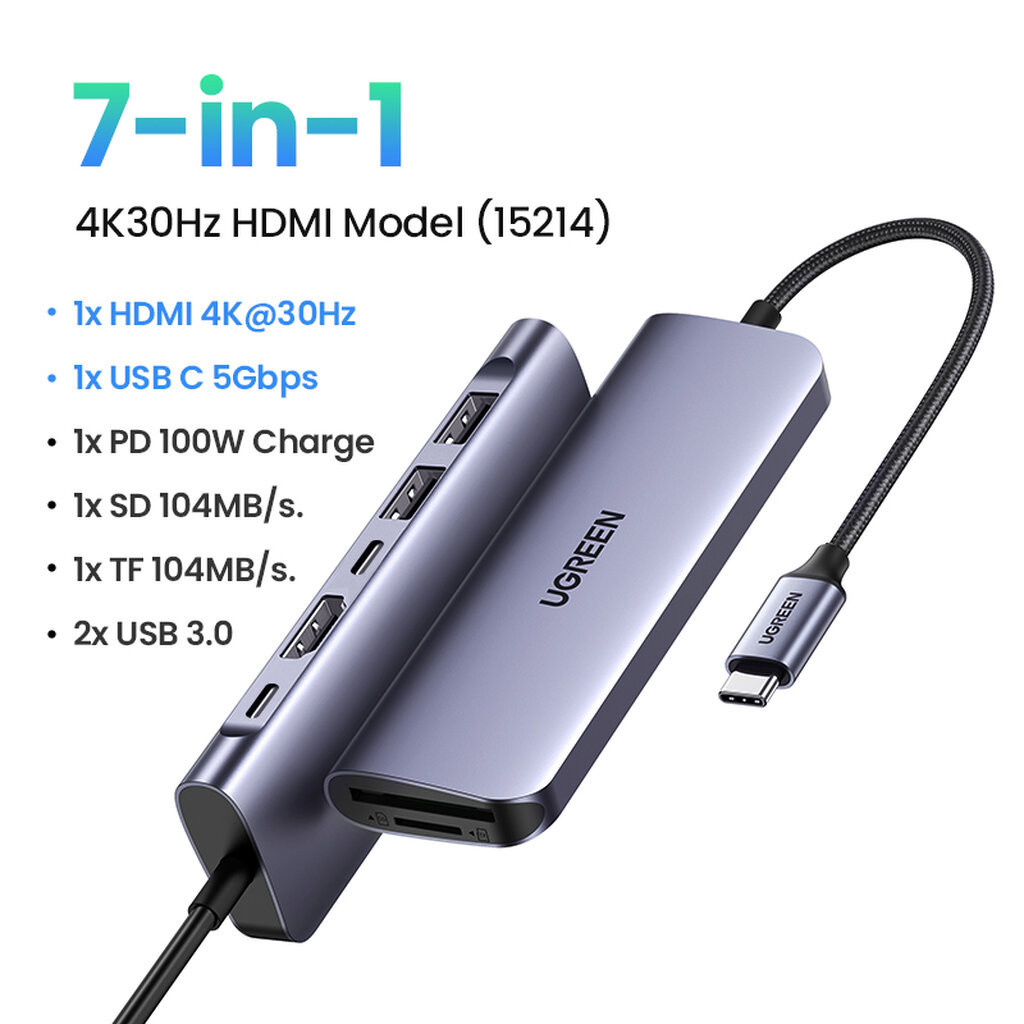 UGREEN CM195 / 15214 USB-C Hub 7 in 1 Multifunction Adapter (USB-C 2xUSB3.0+USB-C(5Gbps)+HDMI+SD ...