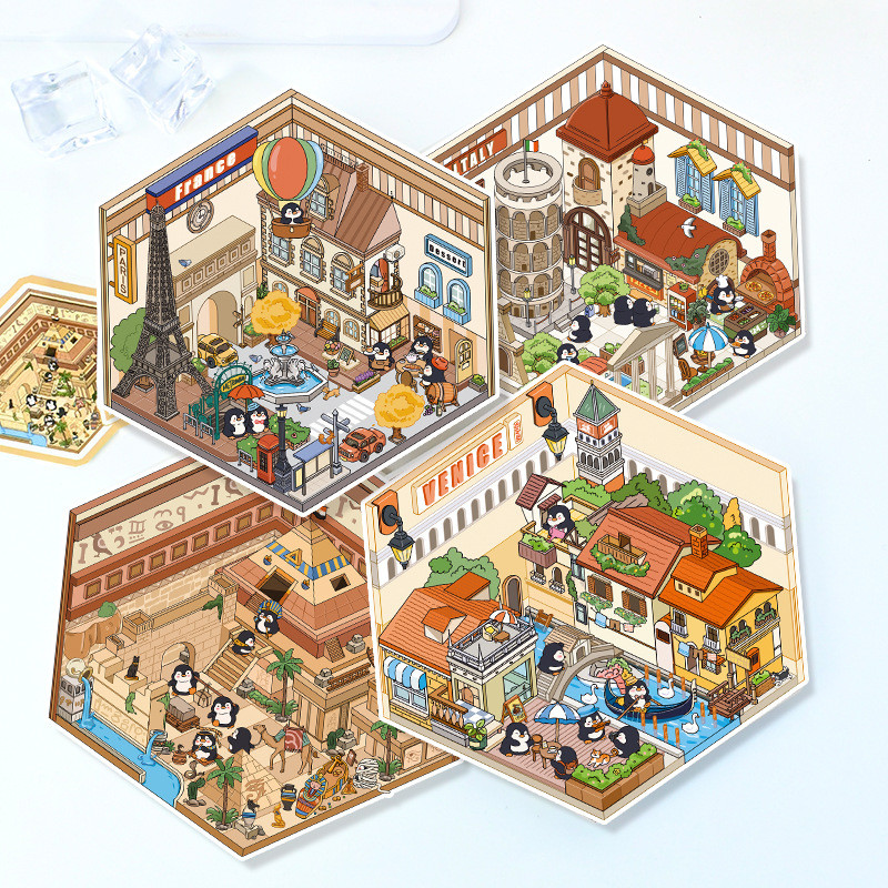 Kowei 3 ชิ้น Penguin Travel Series น่ารัก 2.5D ทิวทัศน์สติกเกอร์สําหรับ ...