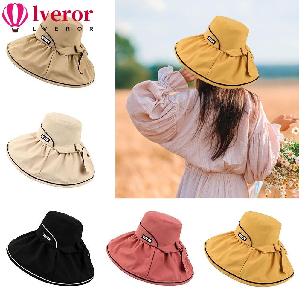 Lveror หมวกปานามา, หมวกถังโบว์ระบายอากาศ, หมวกชาวประมงป้องกันรังสียูวีปีกใหญ่กลวงผู้หญิง ...