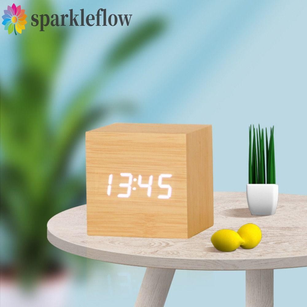 Sparkleflow นาฬิกาปลุก LED ดิจิตอล, นาฬิกาเรืองแสงไม้สี่เหลี่ยม, ตกแต่งโต๊ะ Retro USB/AAA ...