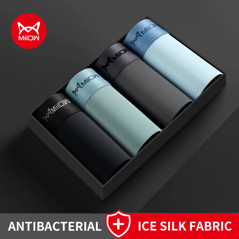 Miiow 4 ชิ้นผ้าไหมน้ําแข็งผู้ชายชุดชั้นในนักมวย Breathable ต้านเชื้อแบคทีเรียผู้ชายกางเกงไม่มี ...