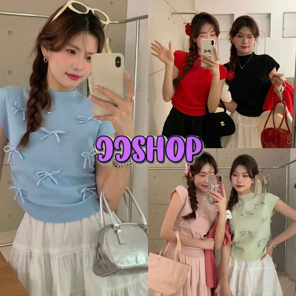 JJ Shop 💜 พร้อมส่ง เสื้อยืดไหมพรม คอกลม ดีเทลสีพาสเทล ติดโบว์น่ารักมาก "E321" | Shopee Thailand