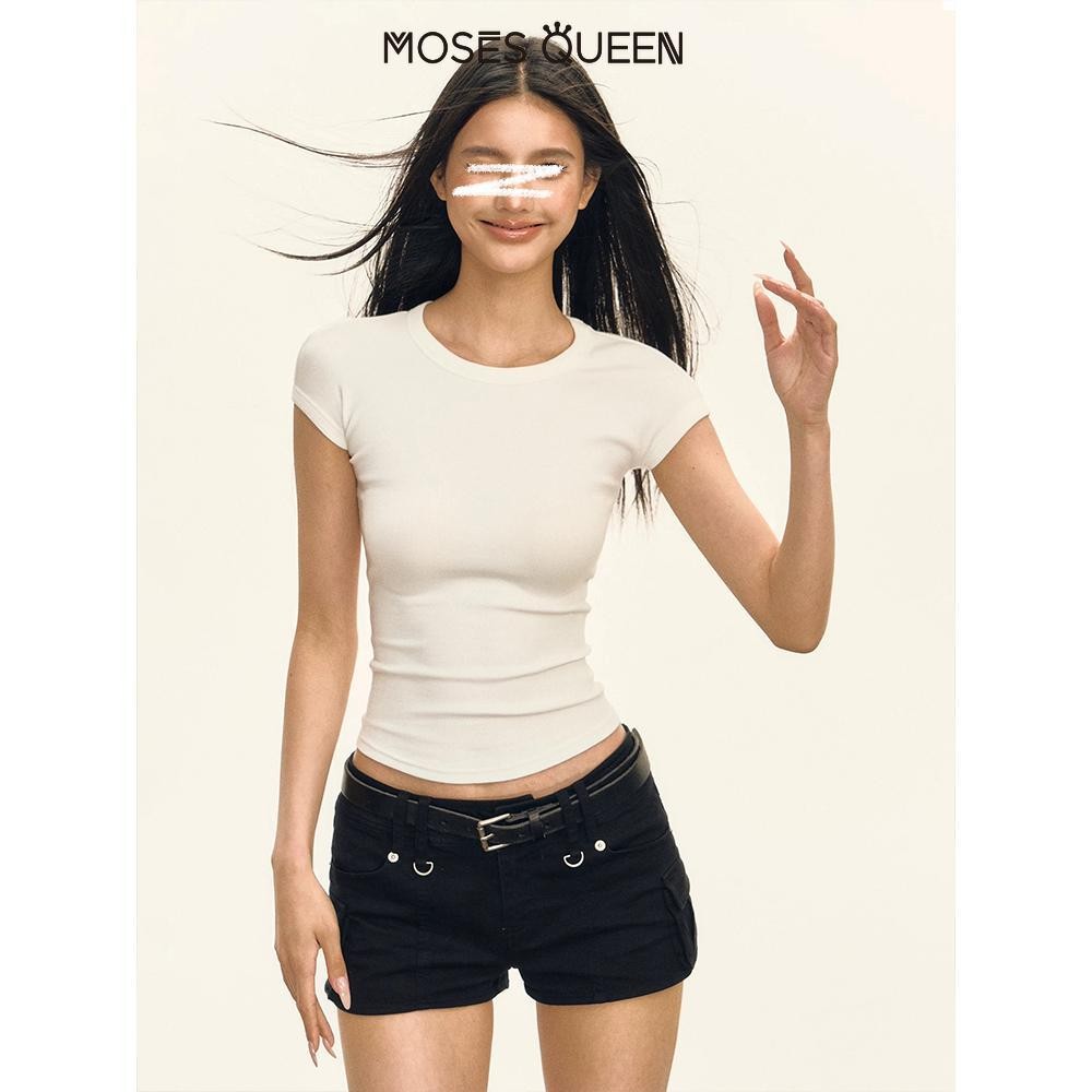 Moses Queen American Retro สีทึบรอบคอไหล่แขนสั้นเสื้อยืดหญิง 2025 ฤดู ...