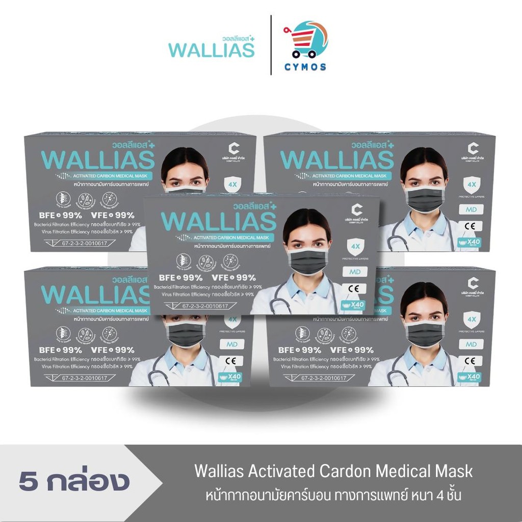 [สินค้าใหม่ 5กล่อง!!!]WALLIAS Activated Carbon Medical Mask หน้ากากอนามัยคาร์บอน 4 ชั้น ป้องกัน ...