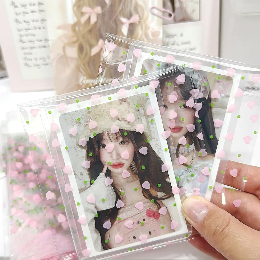 100 ชิ้น Ins Pink Love ถุงปิดผนึกโปร่งใสแขนการ์ด Photocard ถุงบรรจุ ...