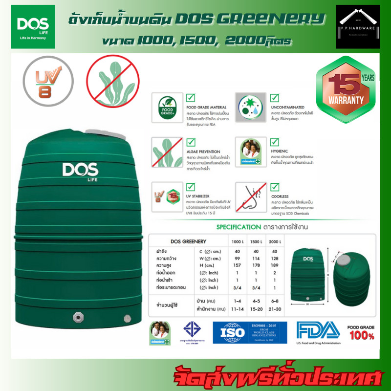 DOS ถังเก็บน้ำบนดิน GREENERY (มี 3 ขนาด) ขนาด 1000, 1500, 2000 ลิตร แถมฟรี! ลูกลอยDOS | Shopee ...
