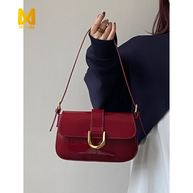 2024 Retro Wine Red Vachette Clasp กระเป๋าสะพายใต้วงแขนแบบพกพา | Shopee ...