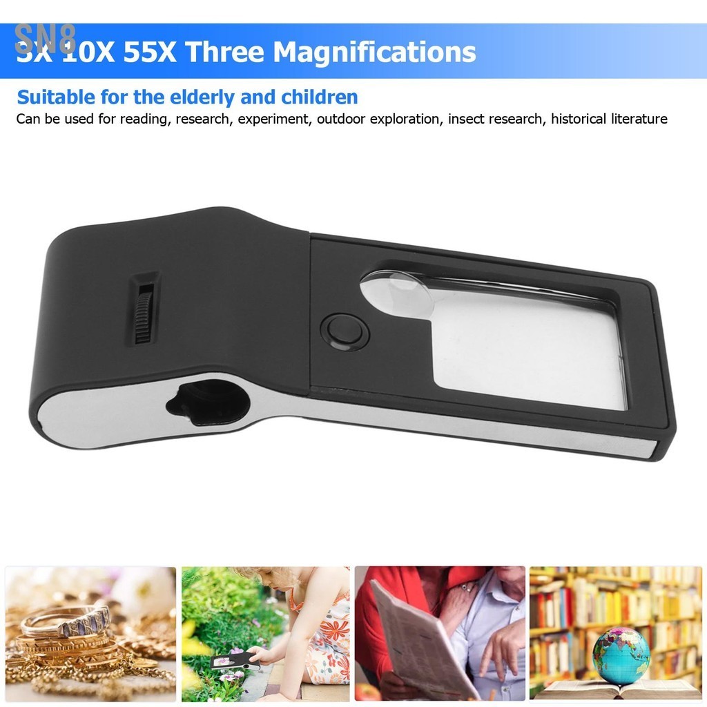 SN8 LED Lighted แว่นขยาย 3X 10X 55X แบบพกพา Aspheric High Bright UV ...