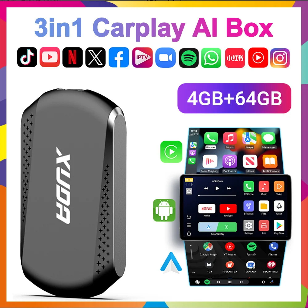 XUDA Android14 wireless CarPlay&Android Auto 3in1quad core 4+64GB smart box ในตัว Youtube และ ...