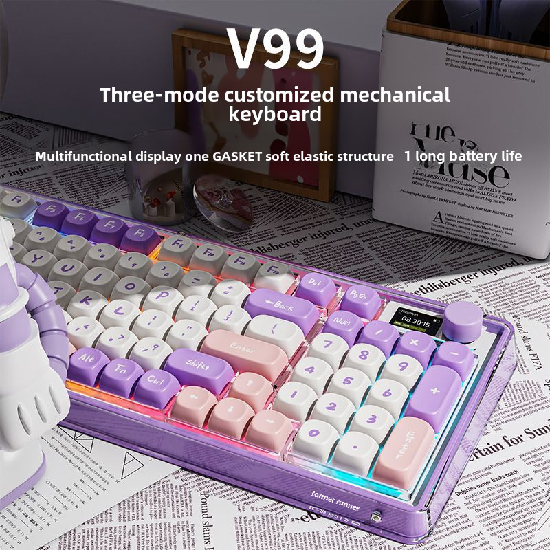 Forwarder v99 Mechanical Keyboard Three-Mode Girl Office Game RGB ปะเก็นที่กําหนดเอง Universal ...