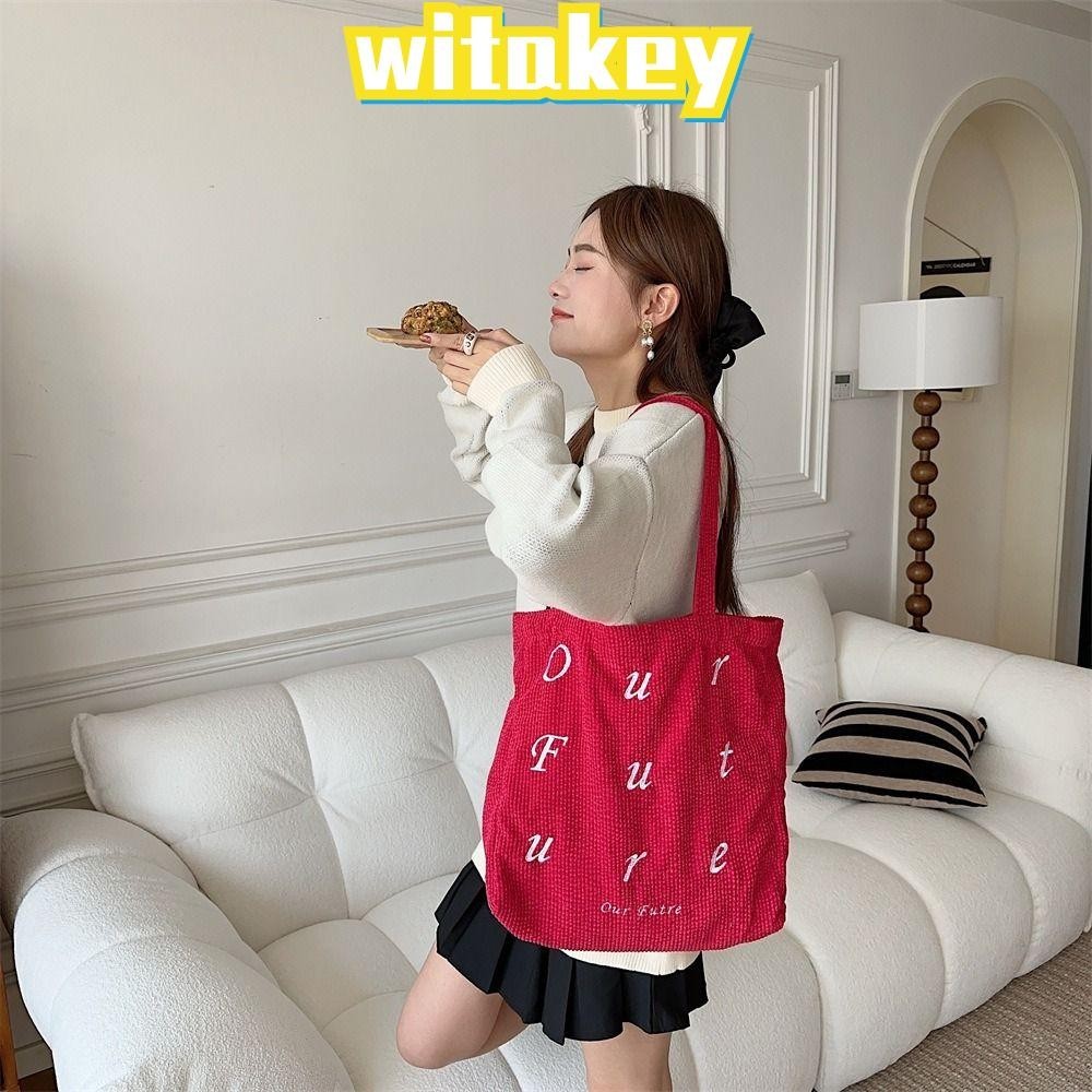 Witakey กระเป๋าสะพายไหล่ กระเป๋าช้อปปิ้ง ผ้าลูกฟูก ปักลายตัวอักษร ความจุขนาดใหญ่ ทนทาน สําหรับ ...