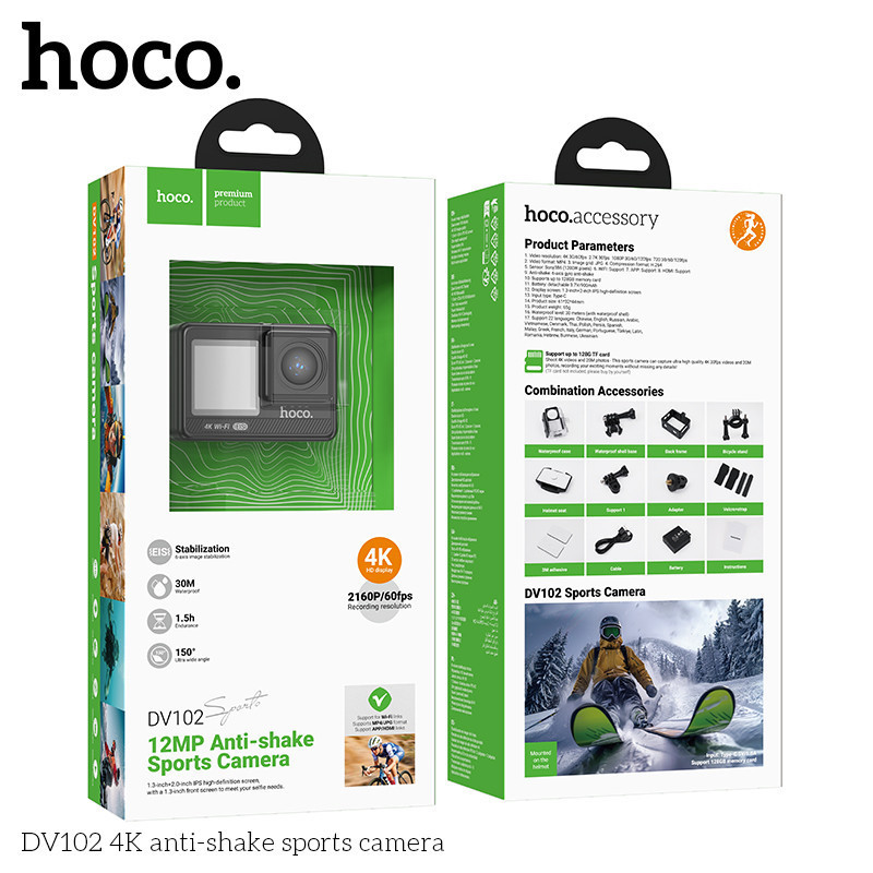 Hoco DV102 กล้องแอคชั่น หน้าจอคู่ กันน้ำ 30m 4K 30fps / 20MP กันสั่น 6 แกน รองรับการ์ด 128GB hc6 ...