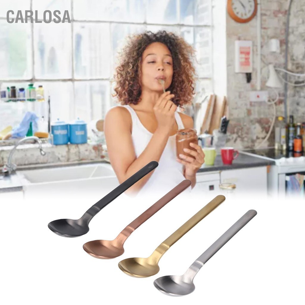 CARLOSA ชุดช้อนสแตนเลส 4 ชิ้นด้ามยาว สีขัดขนมไอศกรีมช้อนชาสำหรับผู้ใหญ่ ...