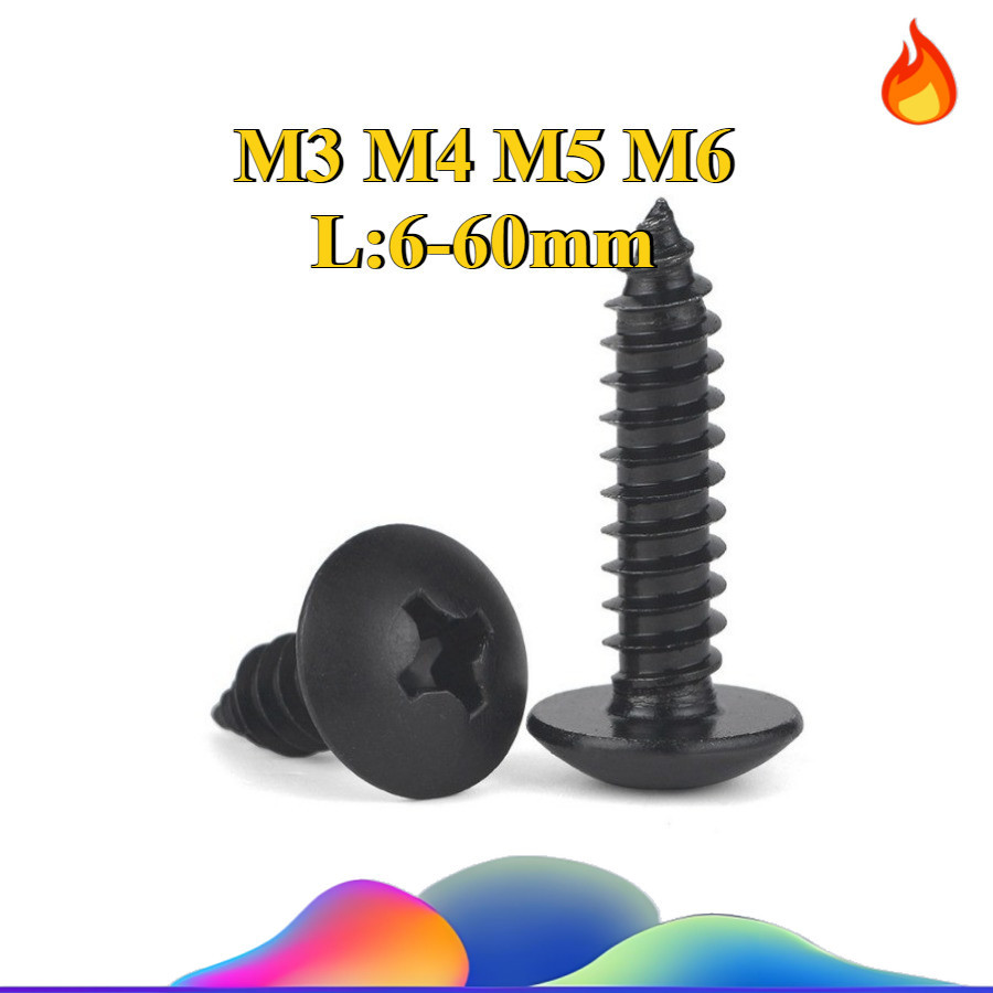 (((จัดส่งด่วน) น็อต สกรู หัวร่ม หัวกระทะ แฉก T+ สแตนเลส 304 สีดํา เกลียวปล่อย / Truss an Head ...