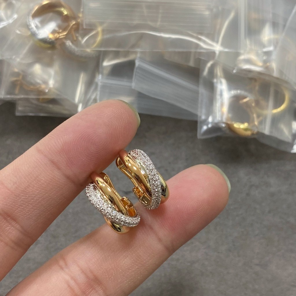 ต ่ างหูสามห ่ วงเงินแท ้ 925 พร ้ อมเพชรชุบ 18K Gold Color Separation ...