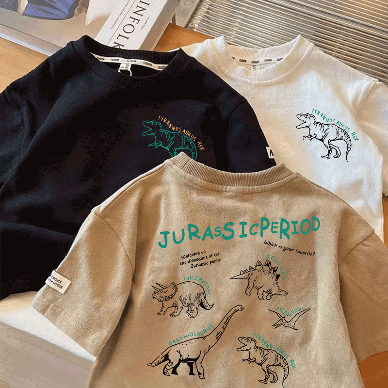(จัดส่งตลอด 24 ชั่วโมง） [Boy Tshirt] (10-37kg) เสื้อยืดแขนสั้น 3 สีฤดูร้อนไดโนเสาร์พิมพ์เสื้อผ้า ...