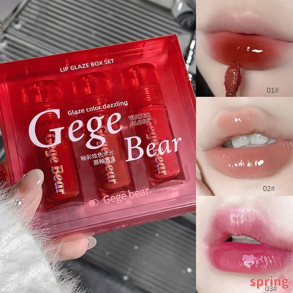 Gege Bear ลิปสติก 3 ชิ้น Set Water Gloss Mirror Clear Colourful Lip Glaze Moisturizing Long ...