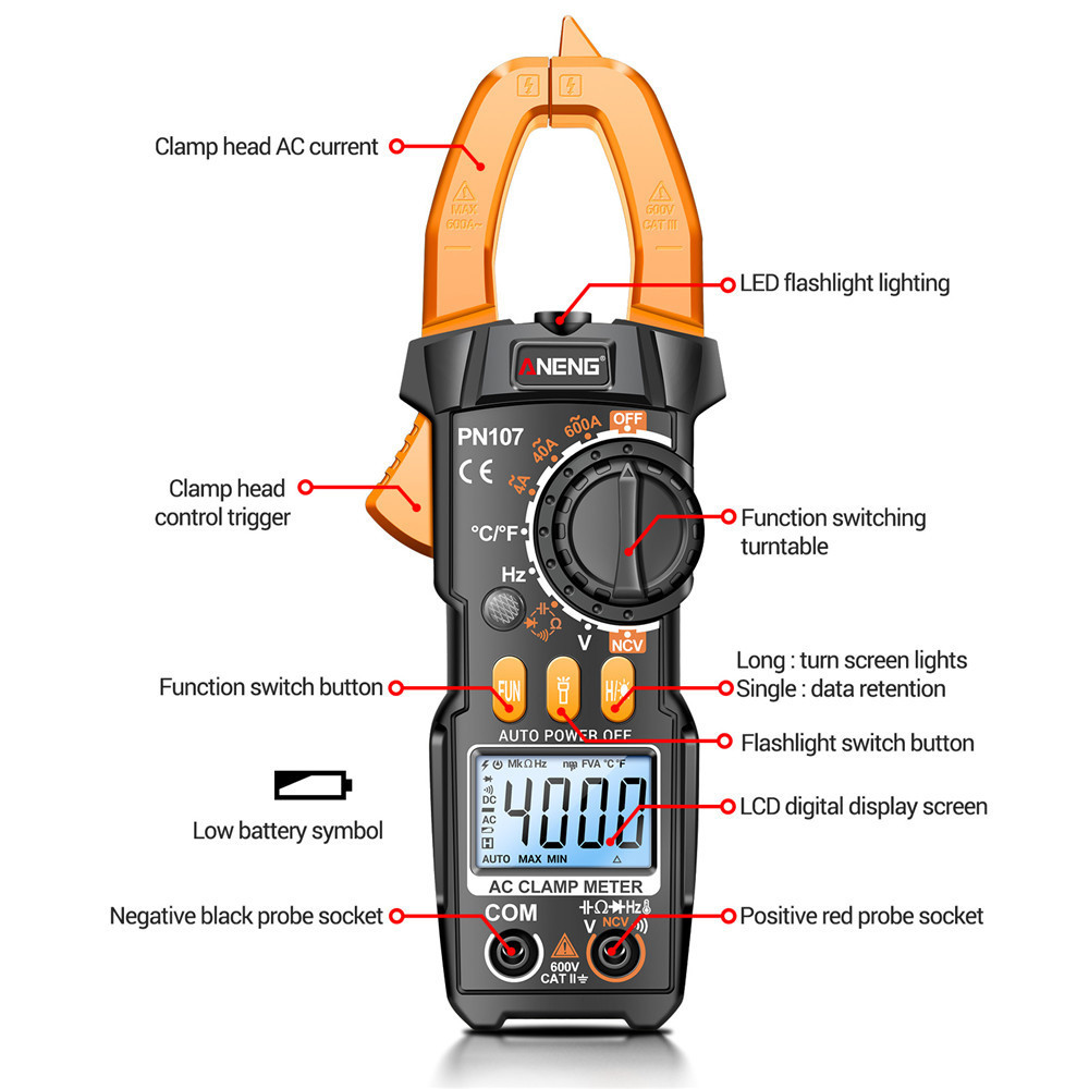Aneng PN107 เครื่องมัลติมิเตอร์ดิจิทัล Digital Clamp Meter AC/DC ทดสอบ ...