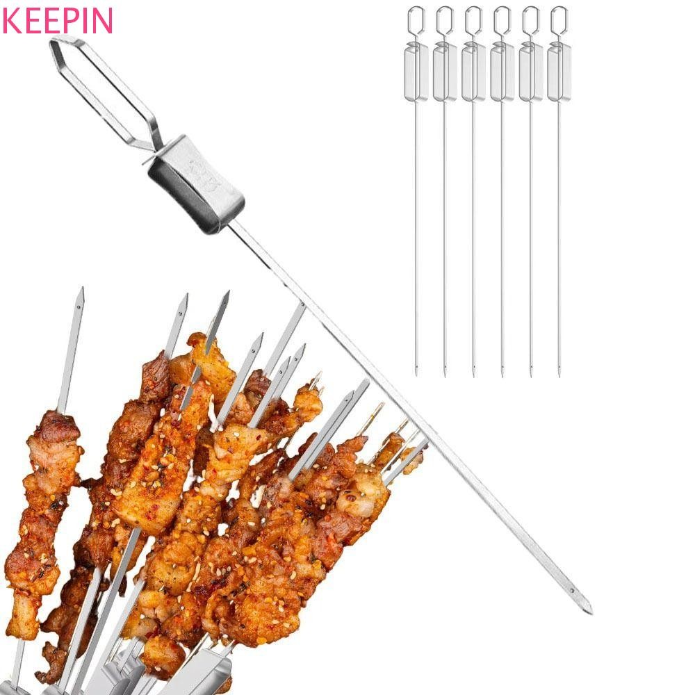 Keepin 6 ชิ้นย่างเสียบไม้, สแตนเลส Push Design บาร์บีคิว Skewer, Kabob ...