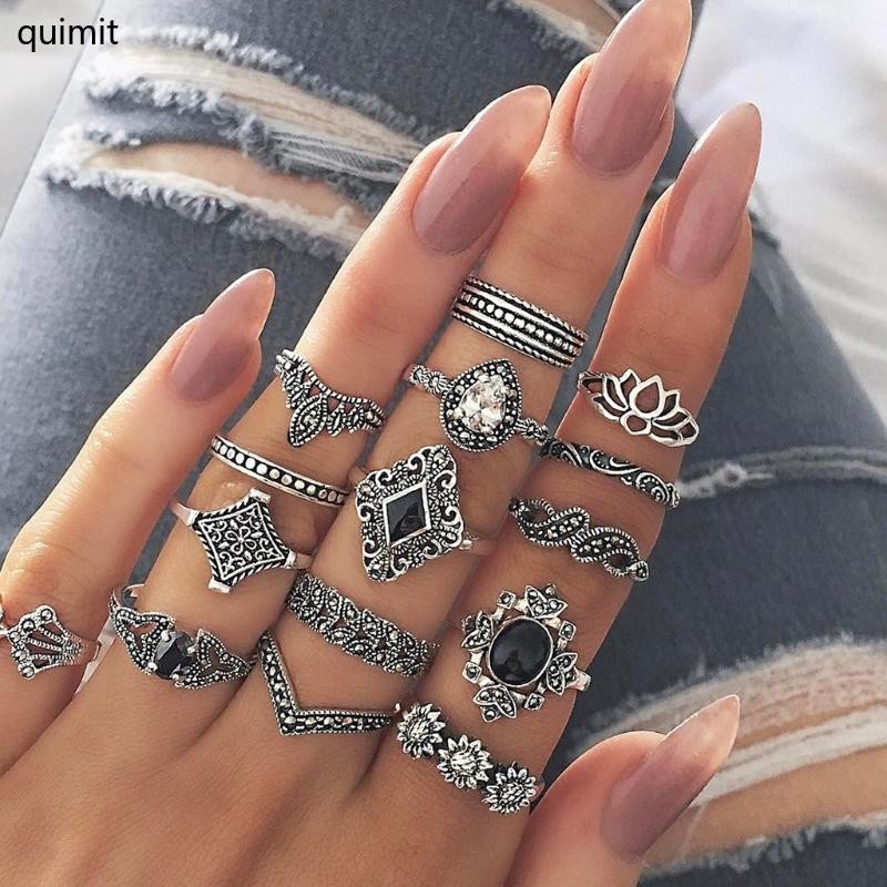 Quim 15 ชิ้นผู้หญิง Bohemian Stackable Joint Retro หินซ้อนแหวน | Shopee ...