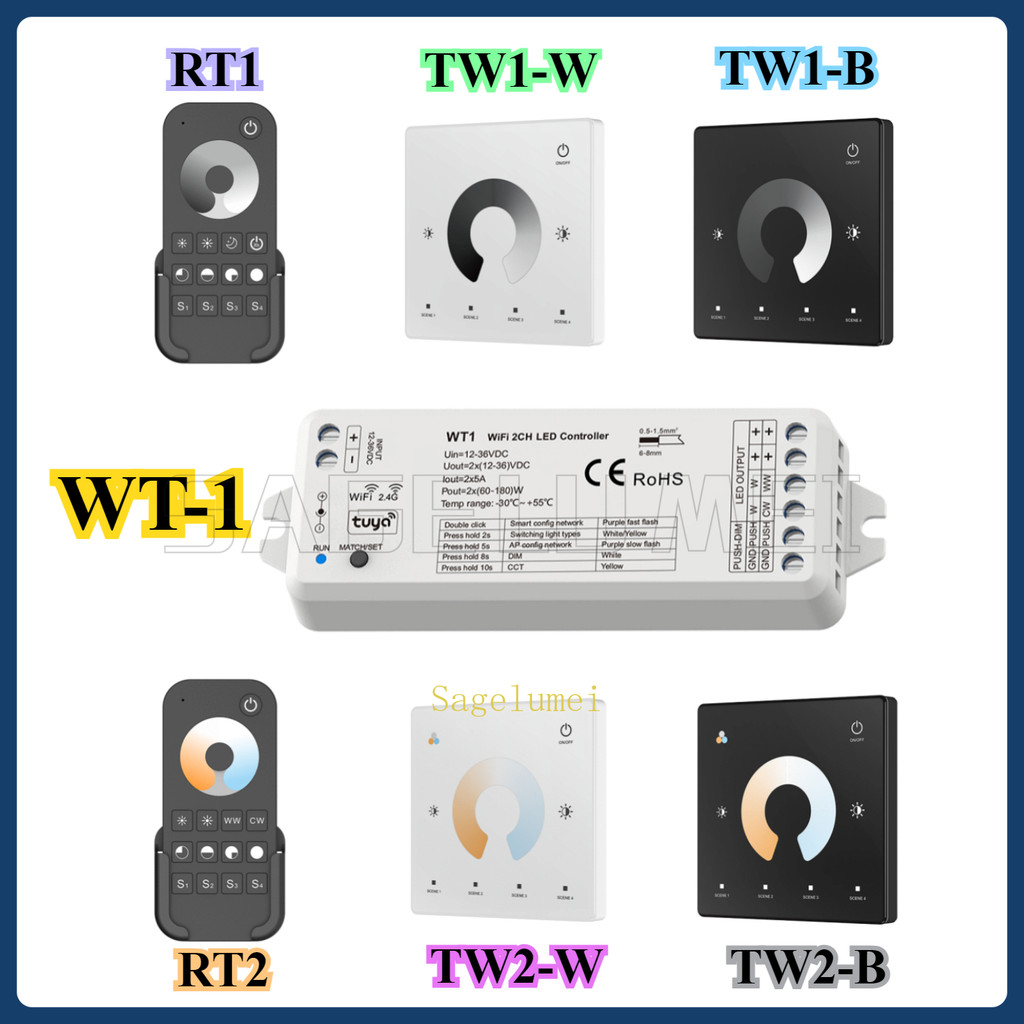 Wt1 RT1/2 TW1/2 Tuya WiFi LED Dimmer Controller DC12V-36V 2CH สมาร์ท 2.4G RF รีโมทคอนโทรลไร้สาย ...