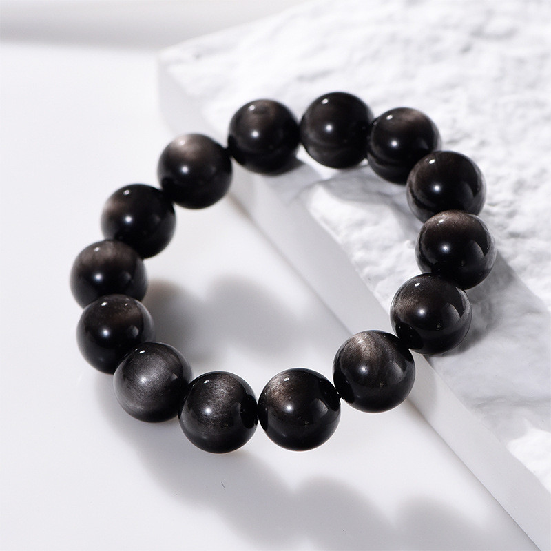 16 มม. เงินธรรมชาติ Obsidian ลูกปัดสไตล์สร้อยข้อมือวงกลมเดียว Cats Eye ...