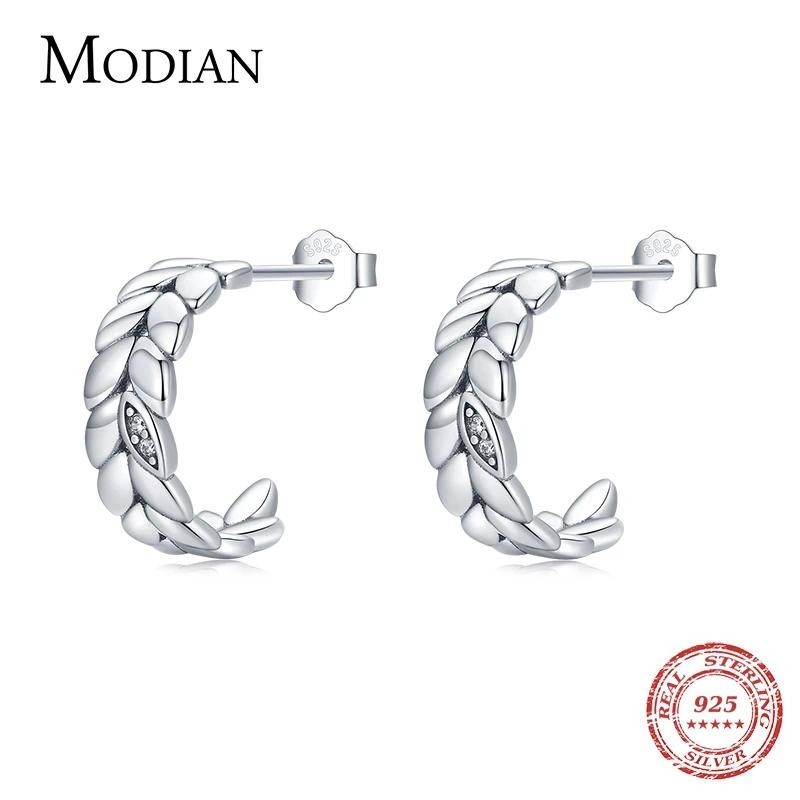 Modian Vintage Stud ต่างหู 925 เงินสเตอร์ลิง Platinum Plated Lucky ใบ Hypoallergenic ต่างหู ...