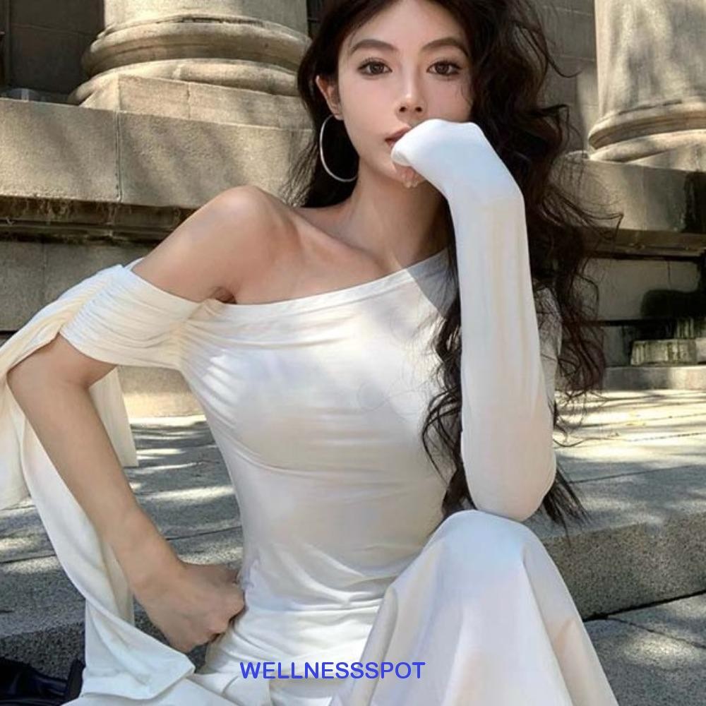 Wellnessspot เสื้อครอปไหล่เอียง,รัดรูปแขนยาวปิดไหล่ท็อปส์,ริบบิ้นลดอายุสไตล์เกาหลีเสื้อยืด Y2K ...