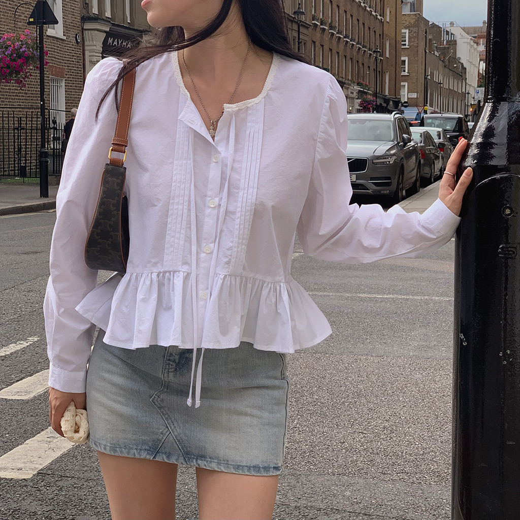 ชุดเสื้อเชิ้ตผูกโบว์สไตล์เกาหลี ผ้ากำมะหยี่ ลมโน้ต EOJN | Shopee Thailand