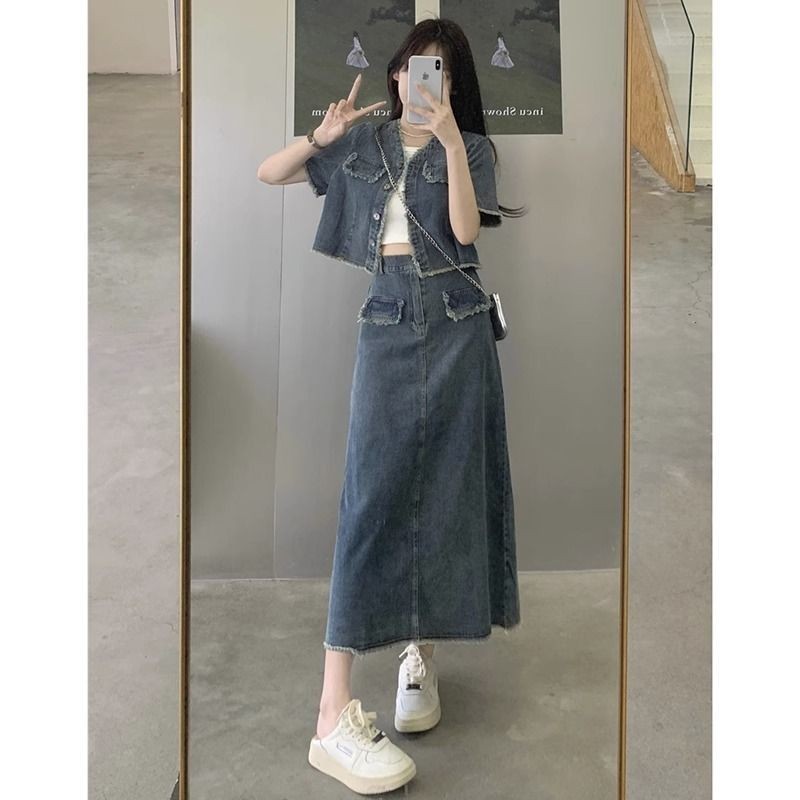 ชุดเสื้อแขนสั้น คอปก กระโปรงยีน สองชิ้น สไตล์เรโทร แฟชั่นฤดูร้อน ...